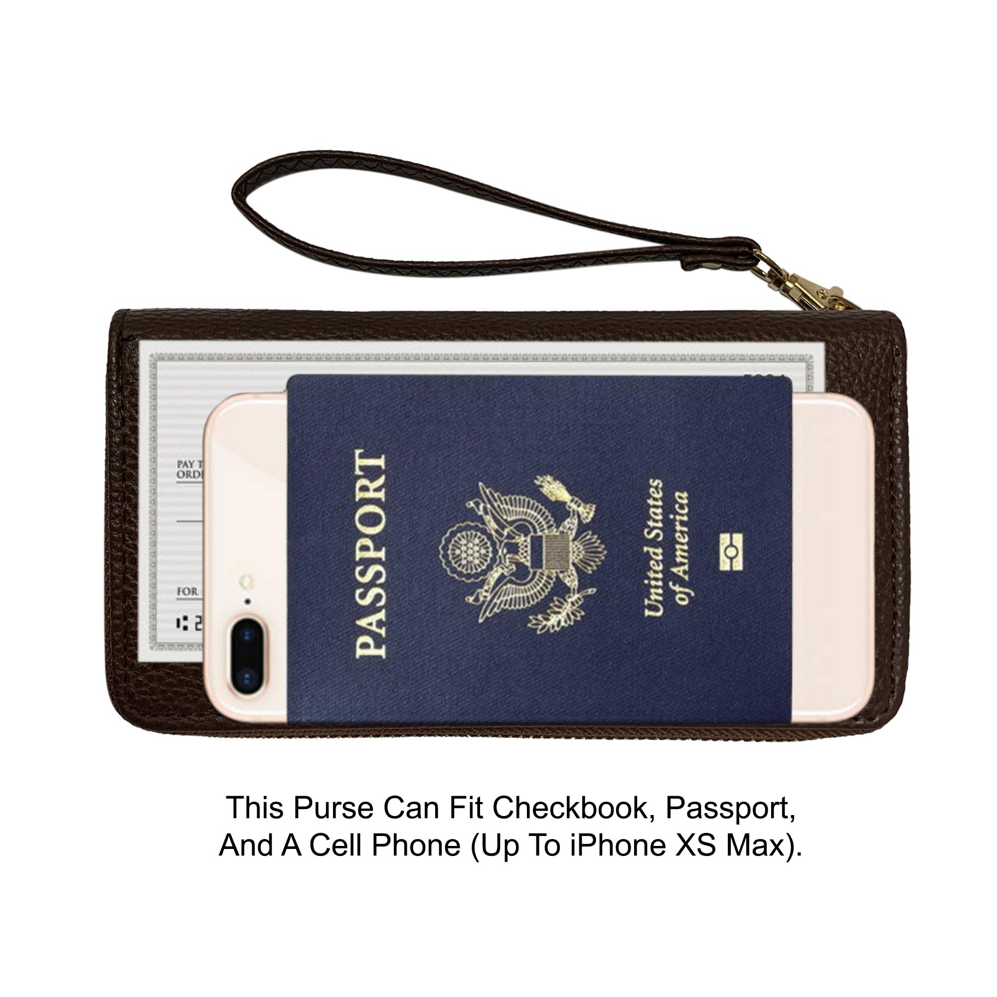 Double Zipper Wristlet Wallet Long Zip Around Clutch Travel Purse for for Cards, Cash, Checkbook, Passport (Grain-Brown 01)