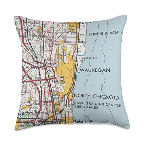 Lake County Illinois Old City Atlas Vintage Waukegan IL Map (1969) Throw Pillow, 18x18, Multicolor