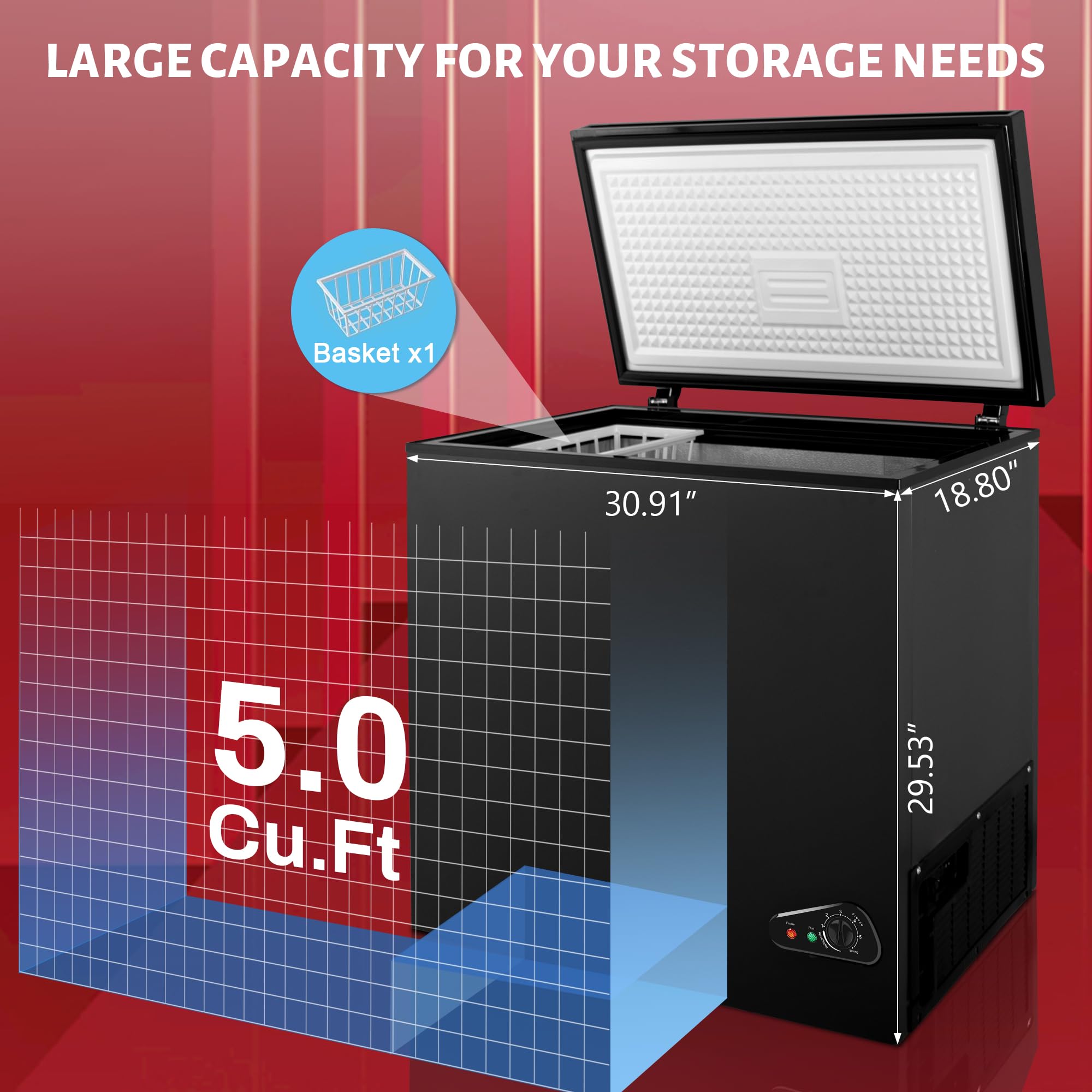Chest Freezer 5.0 Cubic Feet with Removable Baskets and Defrost Water Drain, 6 Adjustable Temperature(Down to -18°F), Deep Freezer Top Open Door Compact Freezer for Home/Dorms/Apartment (Black)