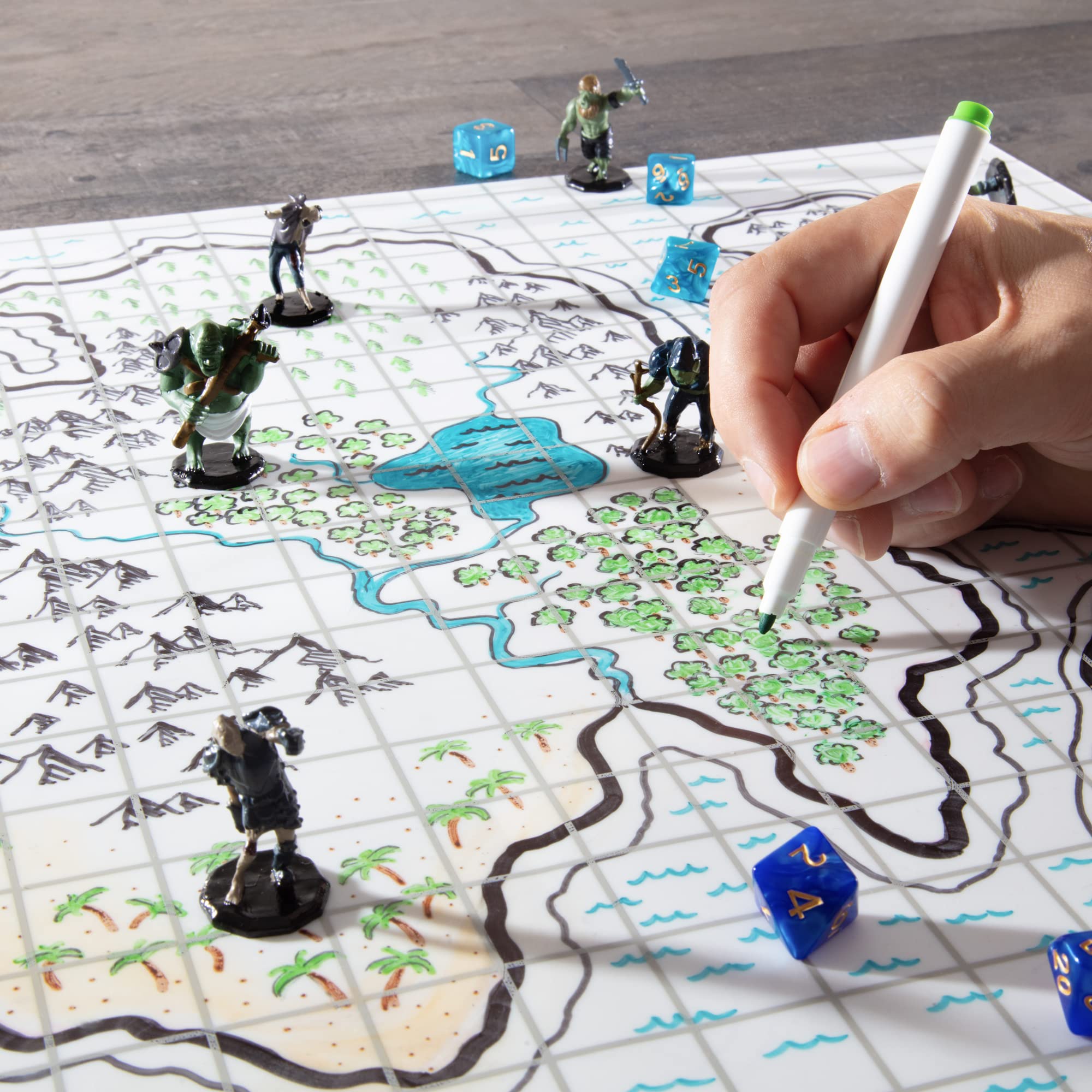 Double-Sided Role Playing RPG Game Mat- Reversible Silicone Battle Matte Grid w Hexes and Squares- XL 20"x20"-Foldable, Rollable, Wet Eraseable - Made for D&D Dungeons Dragons, Pathfinder and More