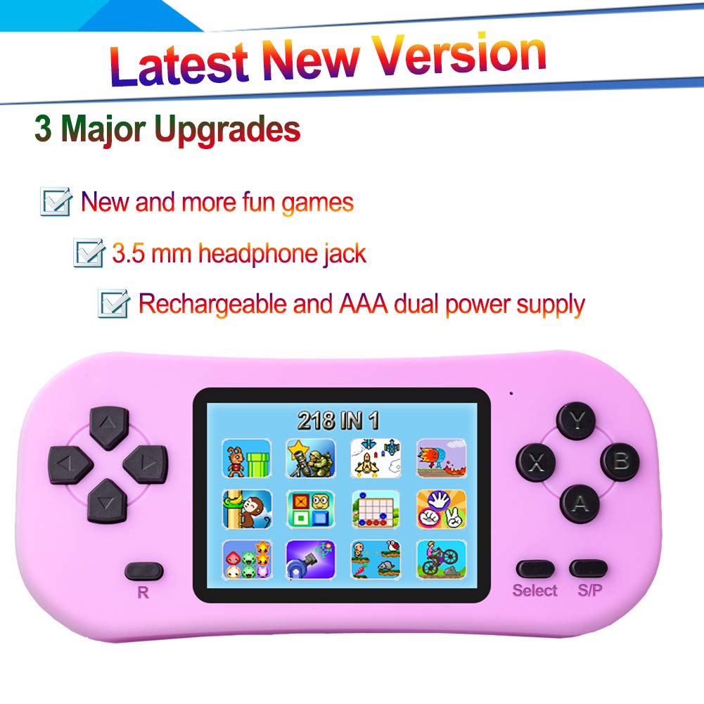 Douddy Kids Retro Handheld Game Console Built in 218 Old School Video Games 2.5'' Display USB Rechargeable 3.5 MM Headphone Jack Arcade Entertain System Children Birthday (Pink)