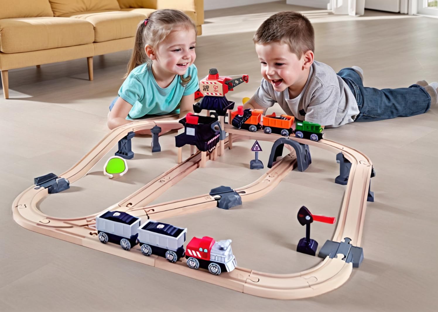 Hape Crane and Cargo Train Set | Wooden Railway Toy Set with Magnetic Crane, Button Operated Loader and Adjustable Rail Signal