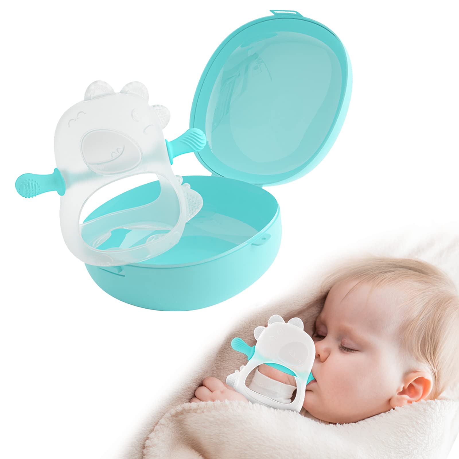 bybeleca Baby Teething Toys 0-12 Months Silicone Hand Teethers for Babies Infants Anti Drop Dinosaur Chew Toys with Case, Blue