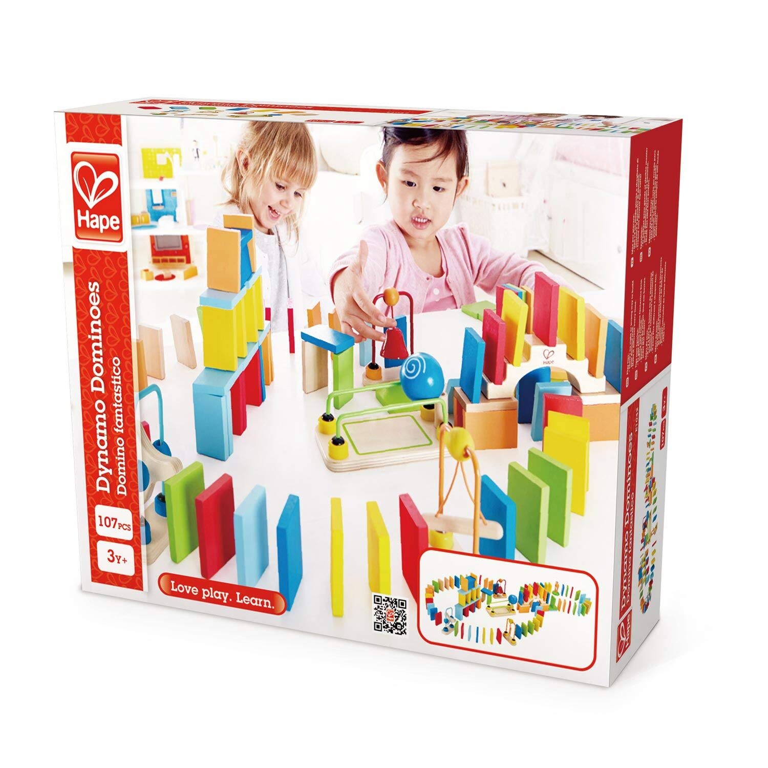 Hape Dynamo Wooden Domino Set Award Winning Domino Racing Building Block Set for Kids, 107 Solid Pieces of Fun Filled Racing, Building and Stacking