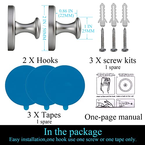 HIKIYEAT Solid Aluminum Towel Hook,Wall Hooks,Adhesive and Screw Installation,2 Pack,Heavy Duty,Hanging Robe,Loofah Holder,Minimalist Design,Door Hanger,for Glass Shower Bathroom,Coat(Matte Silver)