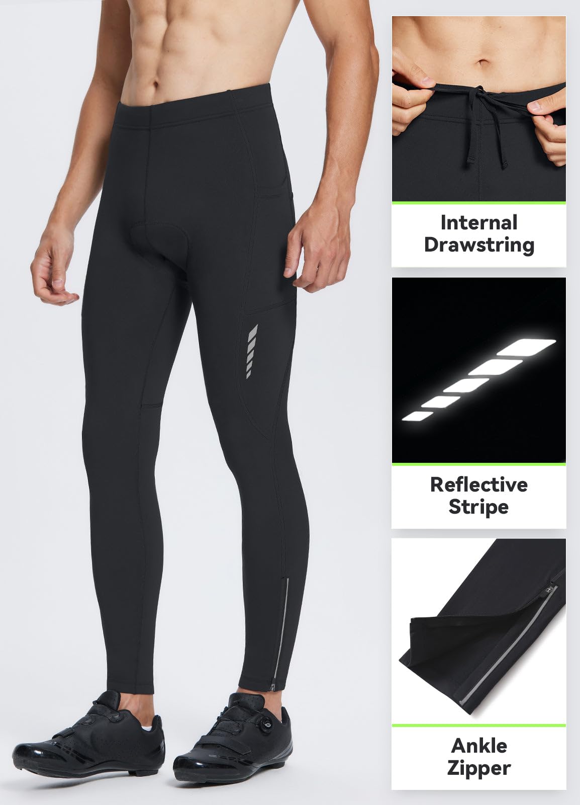 BALEAF Men's Thermal Cycling Pants, 4D Padded Winter Bike Tights Fleece Lined Bicyble Riding Leggings Black L