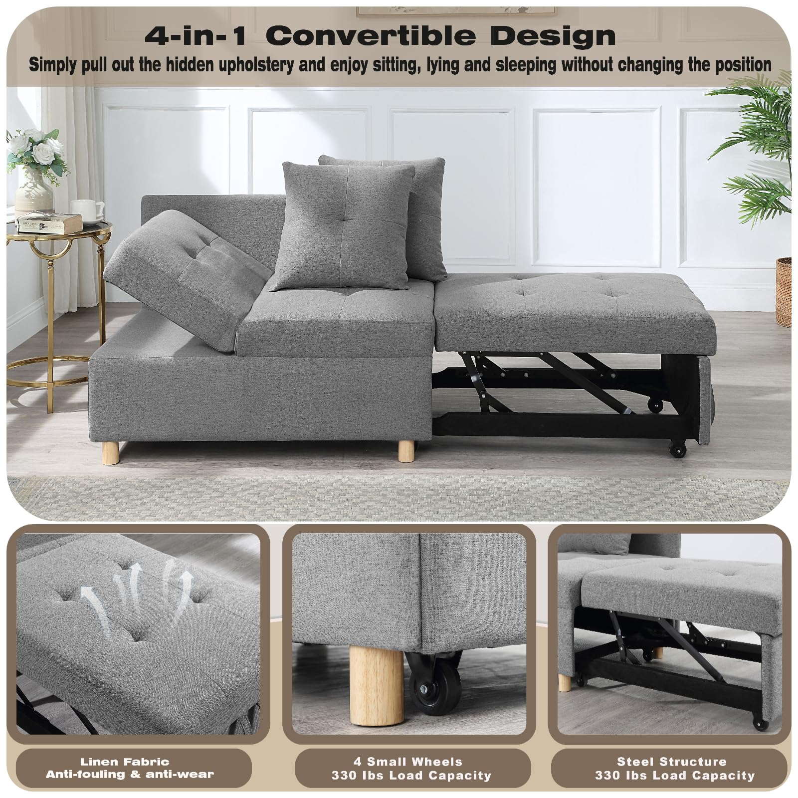 ChicFurnit Couch, 3-in-1 Convertible Sofa Bed, Linen Single Extendable Sofa with Adjustable Back, Futon Chair with 1 Lumbar Pillow, Futon Sofa Bed with 4 Small Wheels for Living Room, Dark Gray