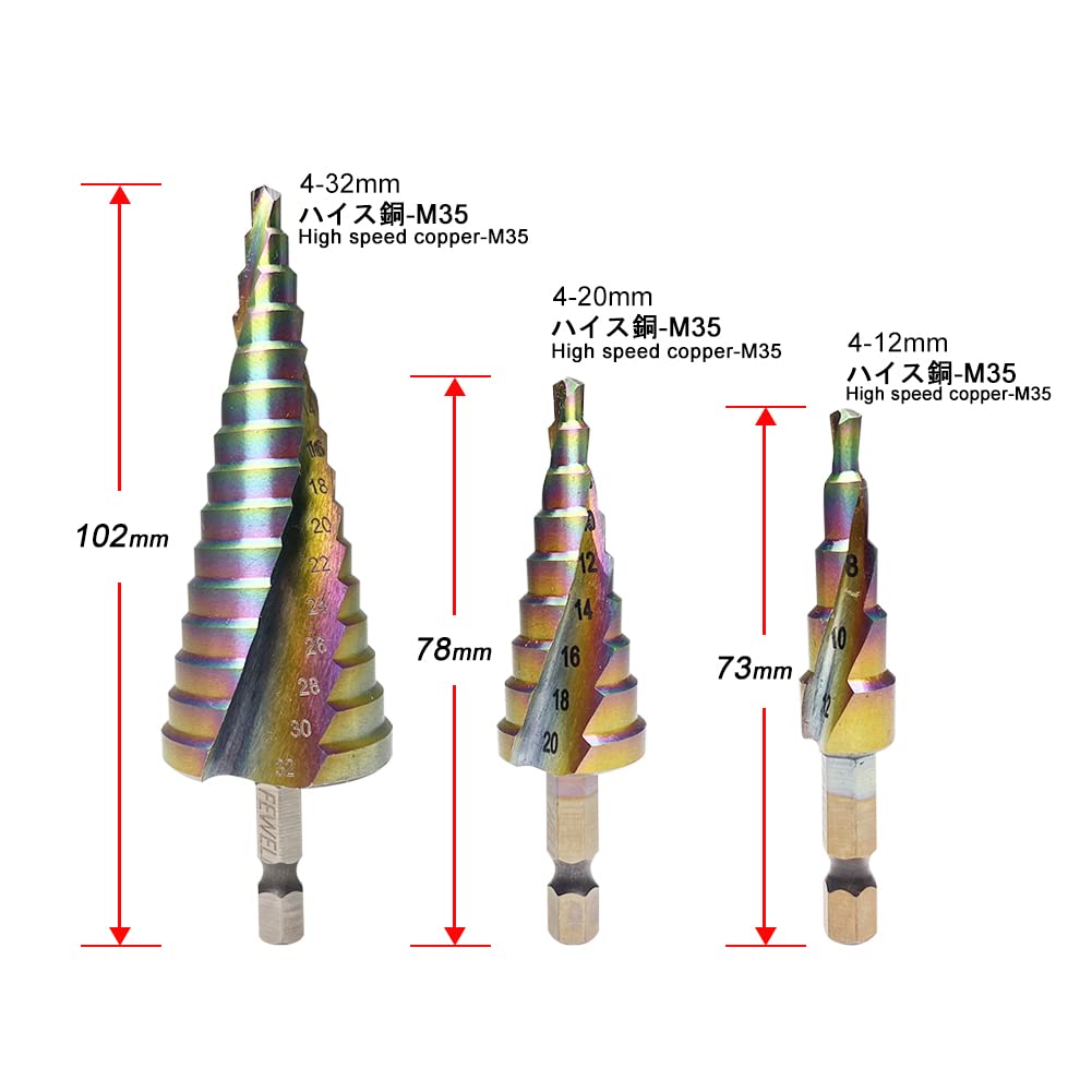 FEWELL M35 Titanium Step Drill Bits 3 Pieces,Spiral Flute Step Bit(4mm—12/20/32mm),Hex Shank Unibit for Metal, Wood, Stainless Steel, Plastic(29 Size)