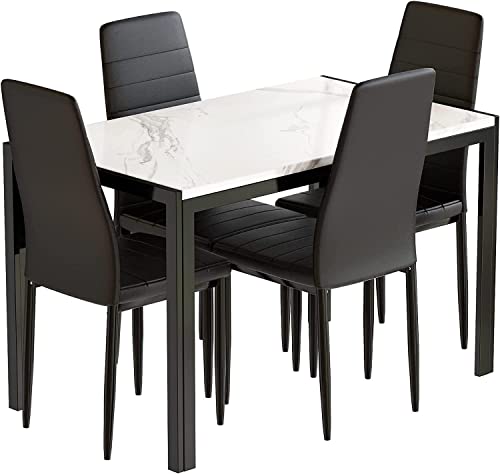 Lamerge Faux Marble Dining Table Set for 4,5 Piece Dining Room Table Set,Rectangular Table and 4 PU Leather Chairs for Living Room,Dining Room,Breakfast Nook,White&Black, (LMDT-wb)