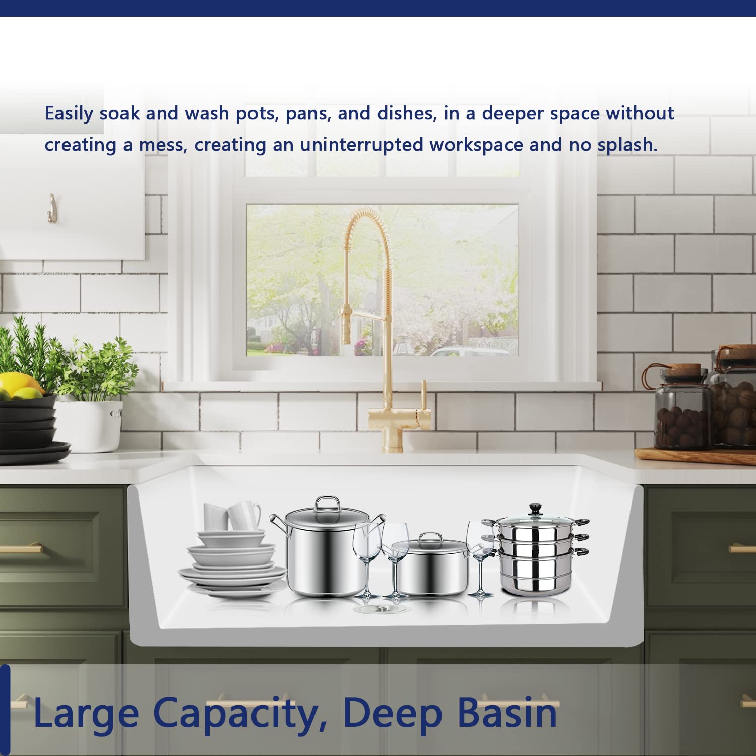 DeerValley Farmhouse Sink, DV-1K505 Grove 36"L x 18"W Fireclay Farmhouse Sink White Apron Front Deep Single Bowl Kitchen Sink with Sink Grid and Basket Strainer