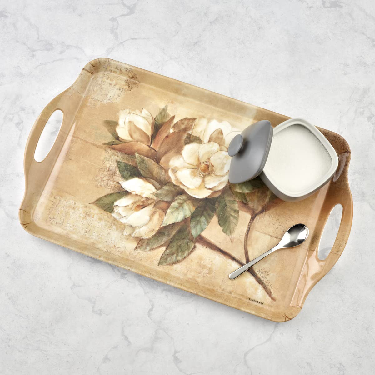 Pimpernel Sugar Magnolia Collection Large Handled Tray | Serving Tray for Lunch, Coffee, or Breakfast | Made of Melamine for Indoor and Outdoor use | Measures 18.9" x 11.6" | Dishwasher Safe