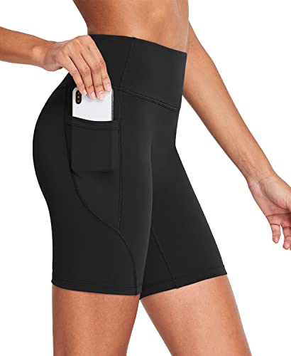BALEAF Women's Long Compression Biker Shorts with Pockets High Waisted Spandex Workout Yoga Running Shorts Black S