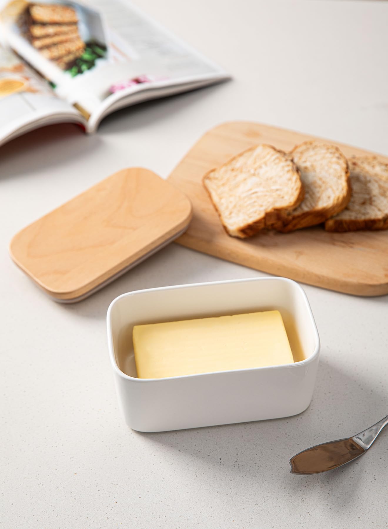 Sweese 303.101 Large Butter Dish - Airtight Butter Keeper Holds Up to 2 Sticks of Butter - Porcelain Container with Beech Wooden Lid, White
