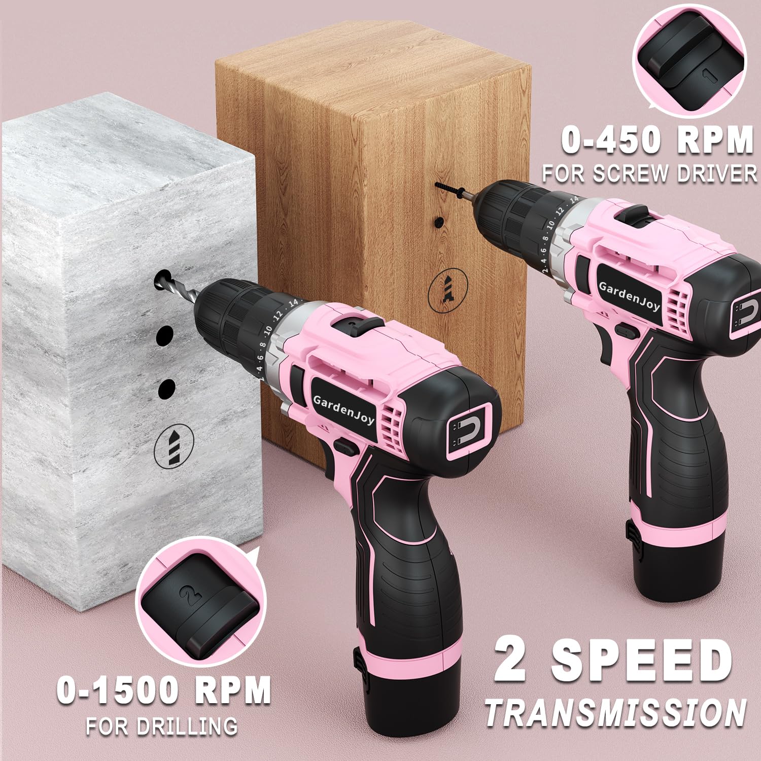 GardenJoy Cordless Power Drill Set: 12V Electric Drill with Battery and Charger, 2 Variable Speed, 24+1 Torque Setting, 3/8-Inch Keyless Chuck, Portable Drill and 30pcs Drill/Driver Bits