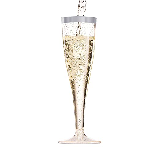 BloominGoods 50 Plastic Silver Glitter Champagne Flutes | 7 oz. Clear Hard Disposable Party & Wedding Glass | Premium Heavy Duty Fancy Cup (50-Pack)