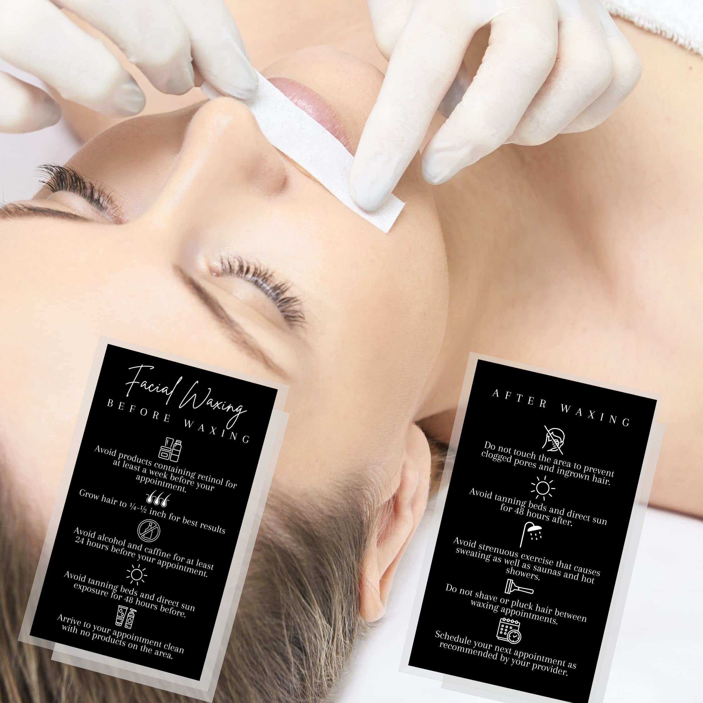 Facial Waxing Before & After Instruction Card | 50 Pack | 2x3.5β in Business Card | Waxing Supplies | Facial Waxing Instructions Cards for Estheticians Using Hard or Soft Wax | Black and White Design