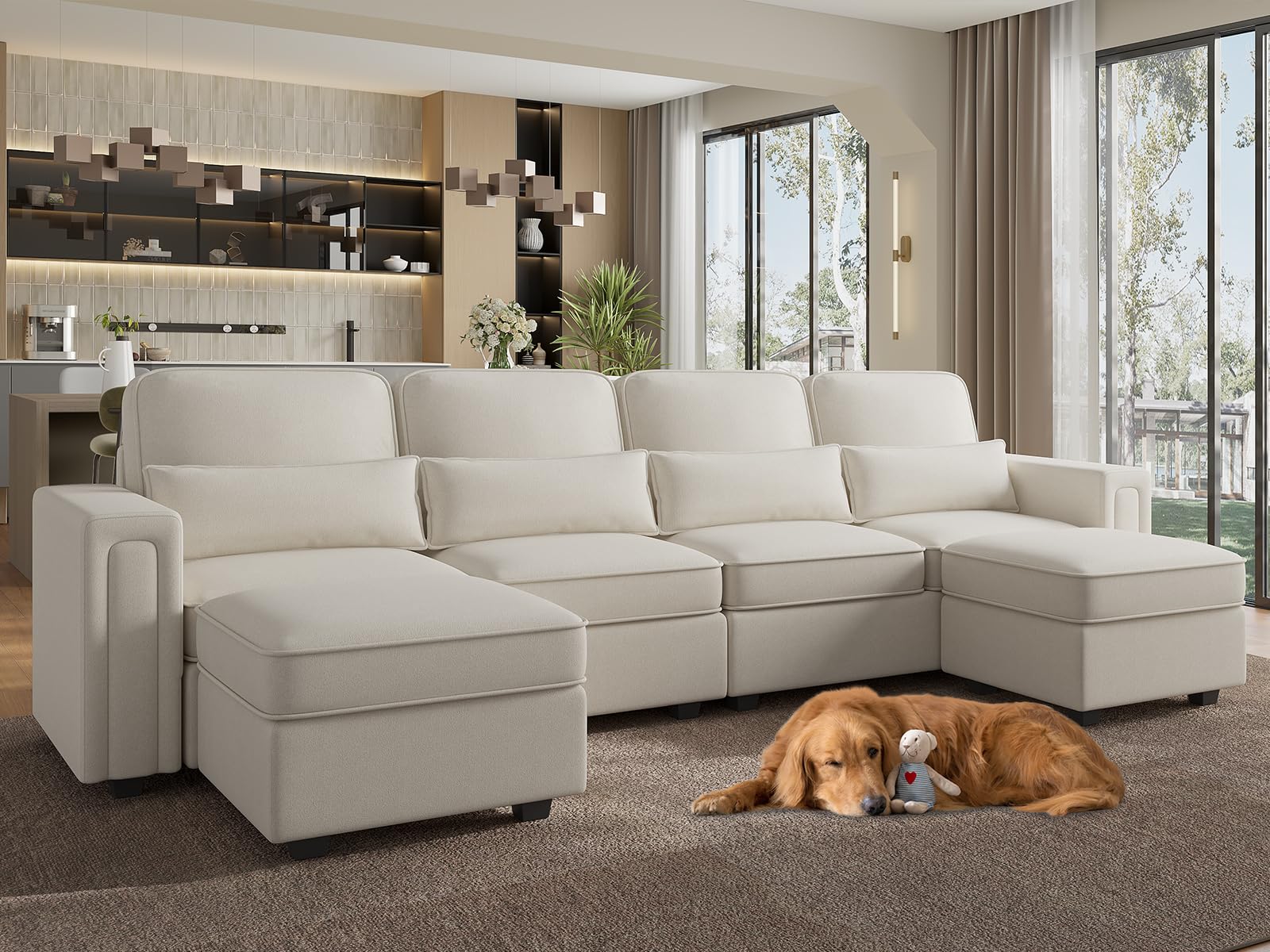 Brinlawb Sectional Sofa with Storage 110'' Convertible U Shaped Modular Sofa Couch with Reversible Chaise and Waist Pillow 6 Seater Chenille Sectional Couches with Ottomans for Living Room,Beige