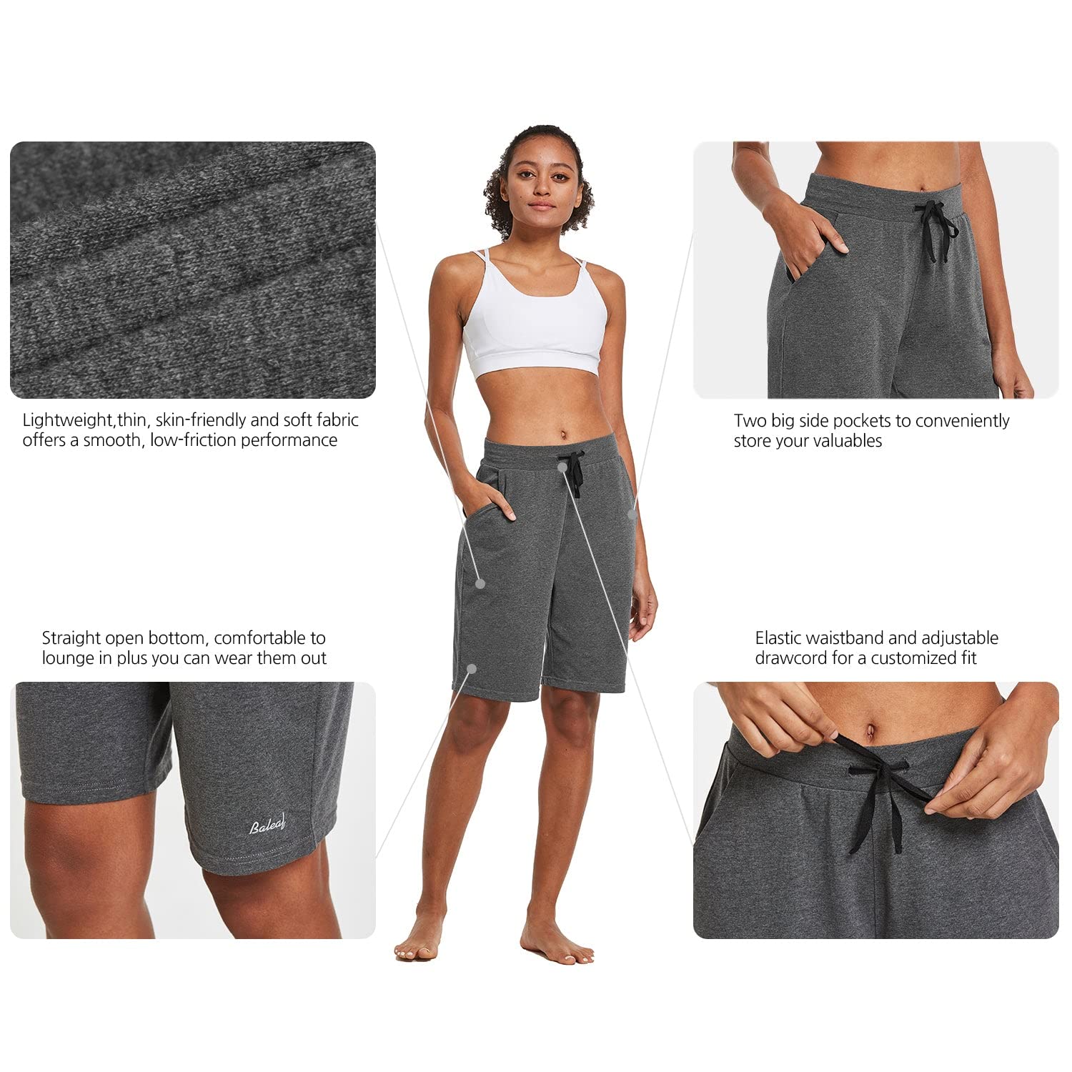 BALEAF Women's Sweat Shorts Long Cotton Bermuda Basketball Summer Casual Workout Walking Drawstring Shorts with Pockets Charcoal XL