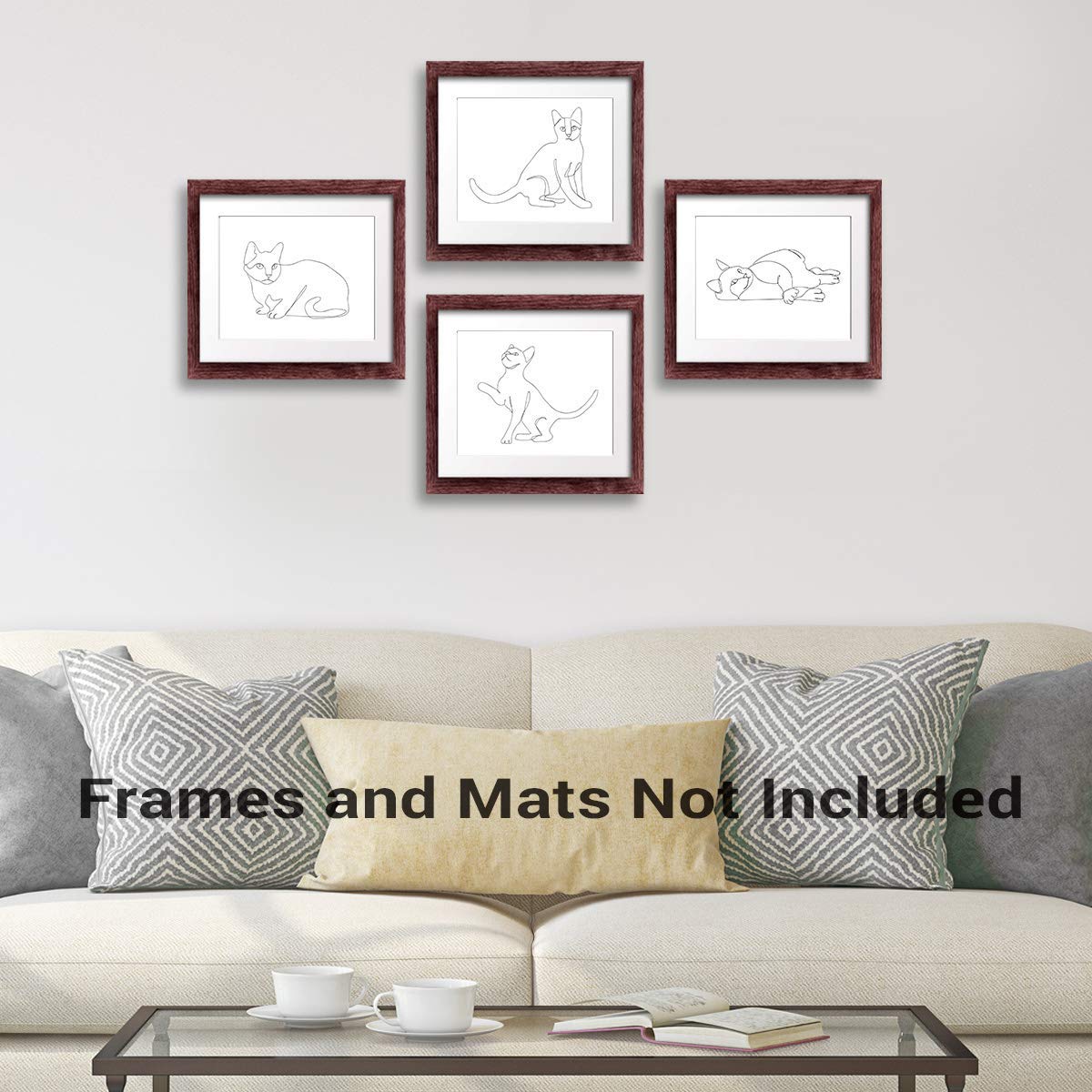 Cats Wall Art - Set of 4-8”x10” Unframed Minimalist Black & White Decor Prints - Makes a Great Gift Under $20 for Cat Lovers
