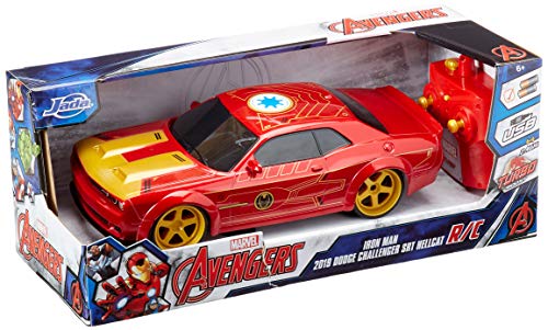 Jada Toys Marvel 1:16 Iron Man 2019 Dodge Challenger SRT Hellcat RC Remote Control Car 2.4GHz, Toys for Kids and Adults, Red