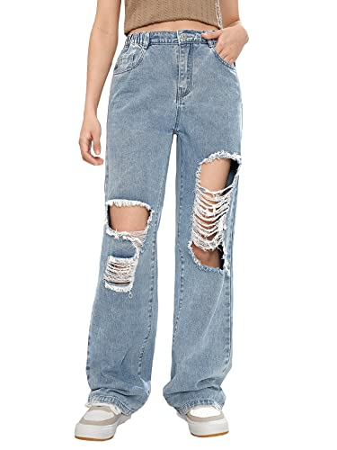 Floerns Girls Cut Out Ripped Wide Leg Jeans High Waist Distressed Denim Pants Light Blue 14Y