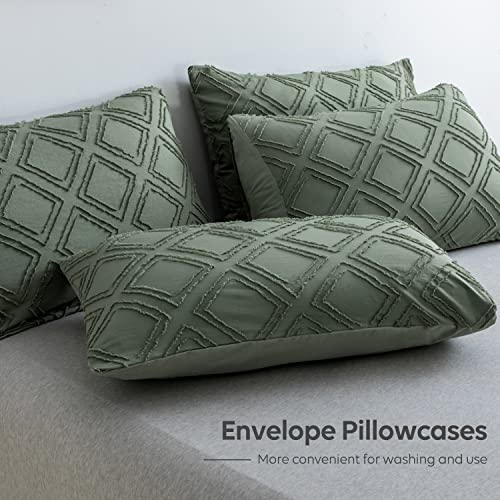 JELLYMONI Green Duvet Cover Twin Size - 3 PCS Microfiber Tufted Duvet Cover Set, Boho Textured Duvet Cover Jacquard Rhombus Geometric Pattern Duvet Cover with Corner Ties & Zipper Closure