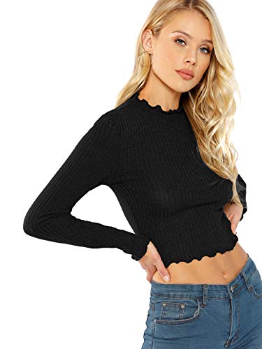 Floerns Women's Lettuce Trim Mock Neck Tight Ribbed Long Sleeve Crop Top Tee Shirts A Black S