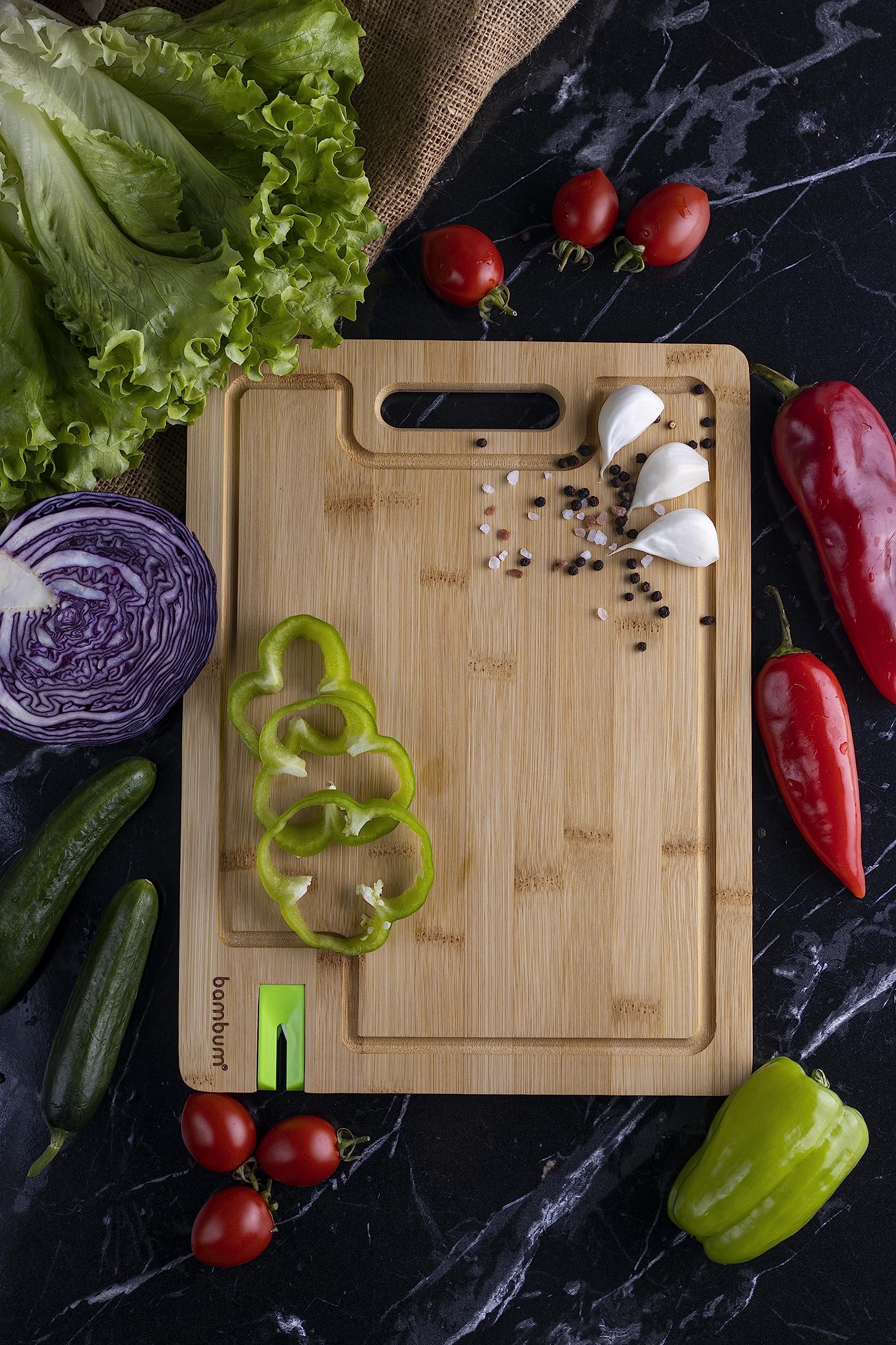 Bambum Livada - Bamboo Cutting Board with Built-In Knife Sharpener, Cutting Board with Juice Groove and Handle