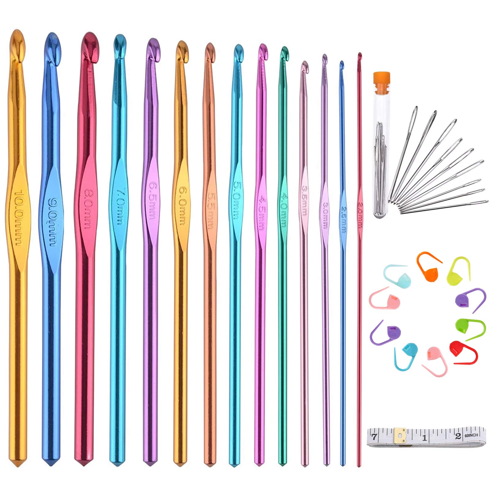 BCMRUN 34Pcs Crochet Hooks Set,14 Size 2.25mm(B)-10mm(N) Ergonomic Handles Crochet Kit with Case,Large-Eye Blunt Knitting Needles Tools, Knit Needles Weave Yarn Craft Sewing Tools Set, Best Gift