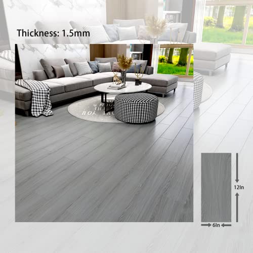 Intensification Peel and Stick Floor Tile,Vinyl Flooring Roll Thicker 12" x 6" x 0.06" 1-Pack 1.5 Sq.Ft Floor Grey Wood Grain Look DIY Self-Adhesive and Waterproof Flooring for Bedroom, Living Room