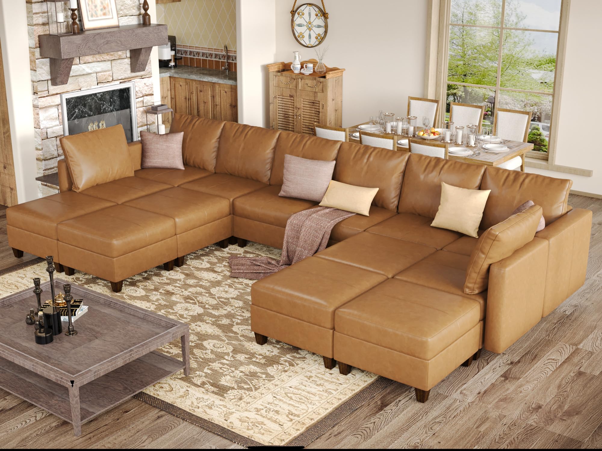 EASE MOOSE Large U Shaped Modular Sectional Sofa with Storage, Faux Leather sectional Sofa 14 Seat Oversized Brown Modular Sectional Couch