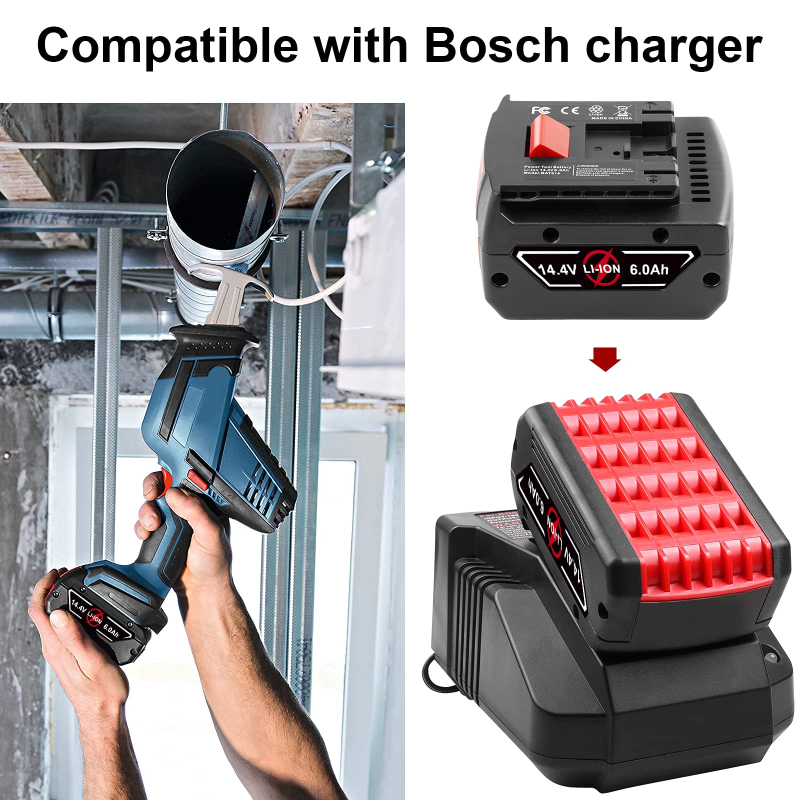 ARyee 6.0Ah Li-ion Battery Replacement for Bosch, 14.4V Compatible with Bosch Cordless Power Tool Li-ion Battery for BAT607 BAT607G BAT614 BAT614G