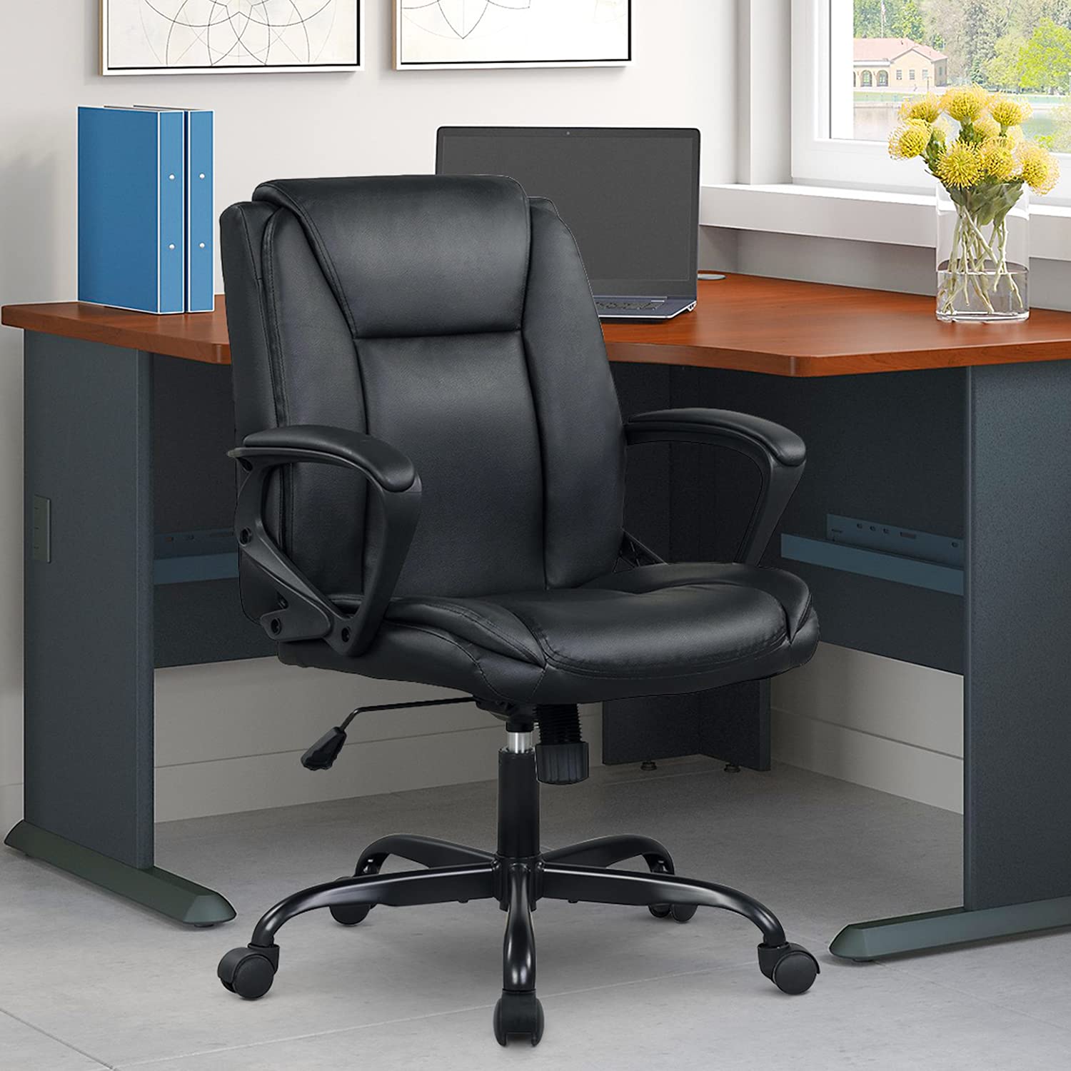 NiamVelo PU Leather Executive Boss Office Chair Mid Back Computer Chair Comfortable Seat Desk Chair Adjustable Swivel Task Chair with Lumbar Support