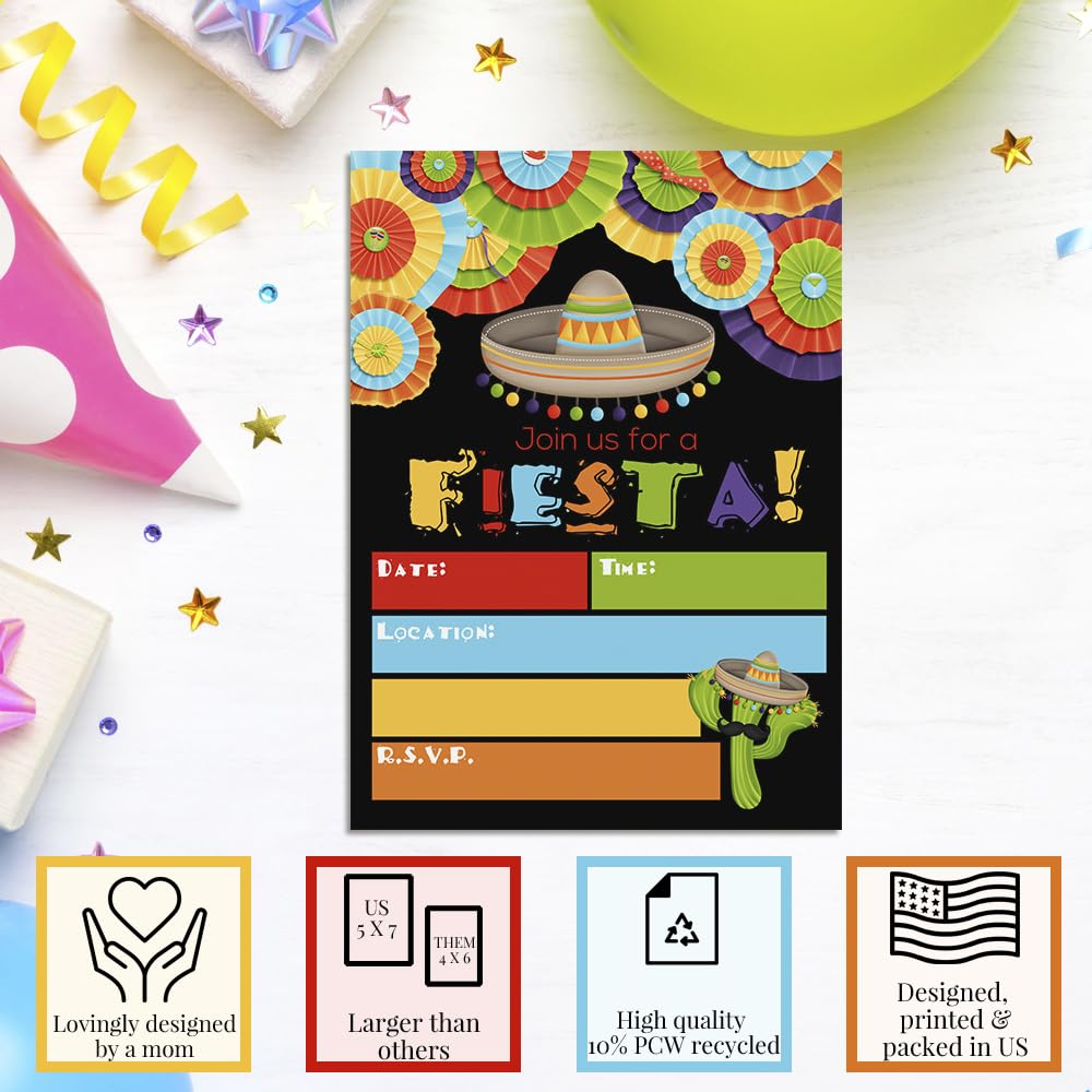 Fiesta Mexican Themed Party Invitations for Birthday Celebration, Retirement, or Cinco De Mayo, 20 5x7 Fill In Cards with Twenty White Envelopes by AmandaCreation