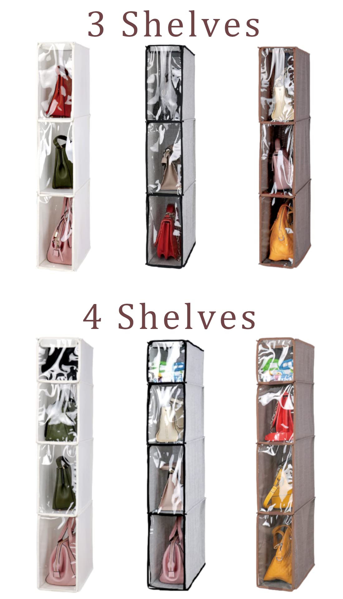 Japarismo Hanging Handbag Purse Closet Organizer Dust Shield Storage Systems Clothing Accessories Rack Dustproof Cover Shelves (Light Gray, 3 Shelves)