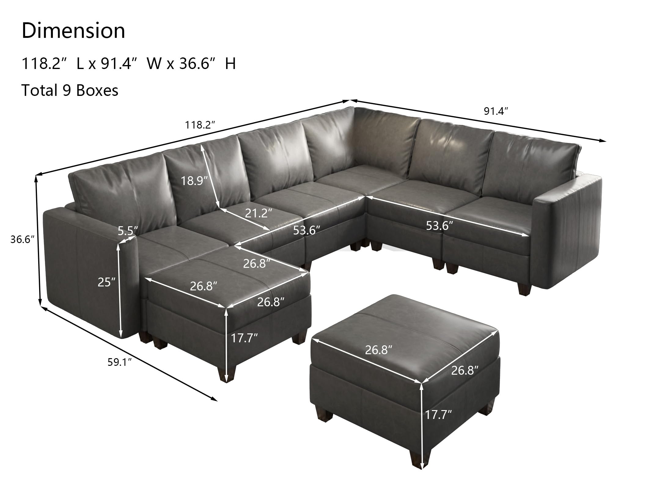 EASE MOOSE Modular Sectional Sofa with Storage, U Shaped Sectional Faux Leather Sectional Couch Large Sectional Sofa, Grey