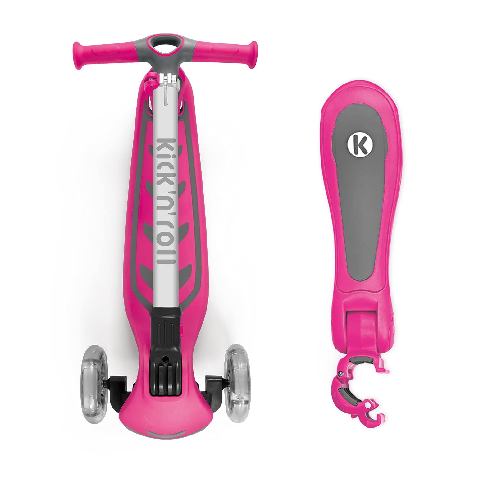 Kicknroll 3 Wheel Scooter for Kids Ages 3-5, Extra-Wide Deck Lean to Steer Foldable Toddler Scooter with Seat, 3 LED Light Wheels & 4 Adjustable Height, 110 Lbs Capacity- Pink 2 in 1 Kids Scooter