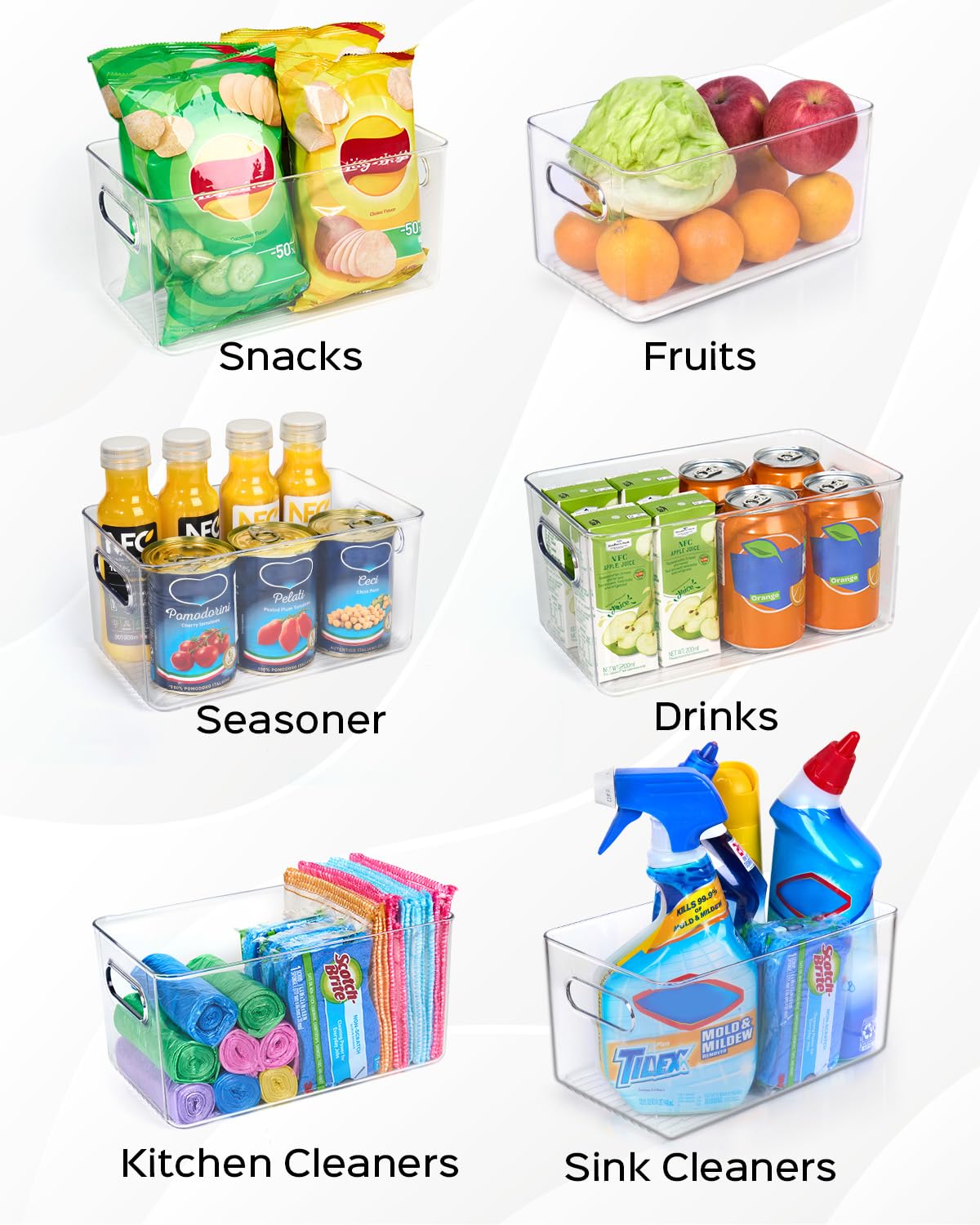 Chikit 4 PCS Clear Plastic Storage Bins, Refrigerator Organizer Bins with Handles, Pantry Organizer Bins for Food, BPA-Free Fridge Organizer for Fridge, Freezer, Kitchen, Cabinet, Pantry, 10" Long