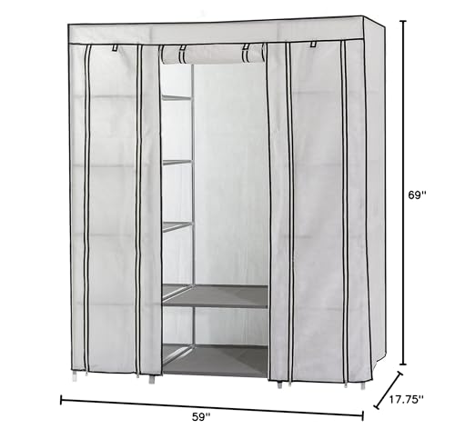 Dream Palace Portable White Fabric Wardrobe, Shelves, Covered Closet Rack, Sock Organizer, Hanger 59 inches