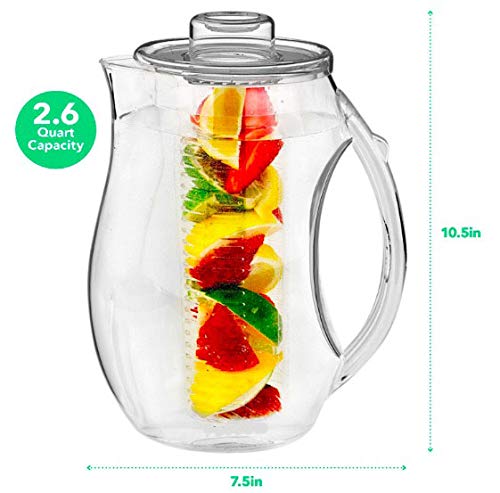 Large Fruit Infuser Water Pitcher (2.9 Quart / 93 Oz) β Shatterproof Acrylic Infusion Jug for Iced Tea, Juice, Beverages, Water, Lemon, Fruit & Herbs β BPA Free