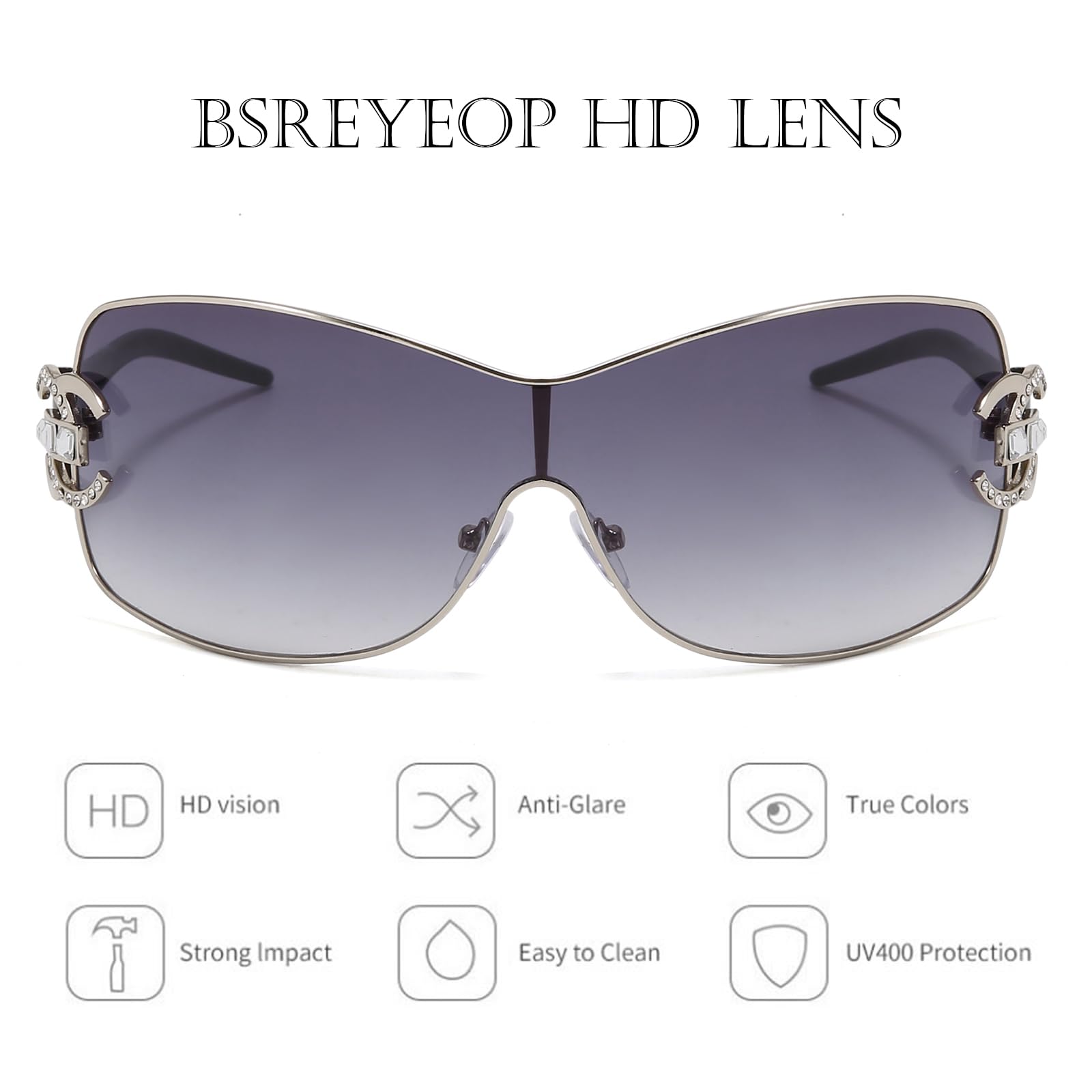 Bsreyeop Wrap Around Y2K Sunglasses for Women Men Fashion Large Frame One-piece Shades Trendy Shield Design Gradient Lens (Black Frame/Gradient Brown Lens C1)
