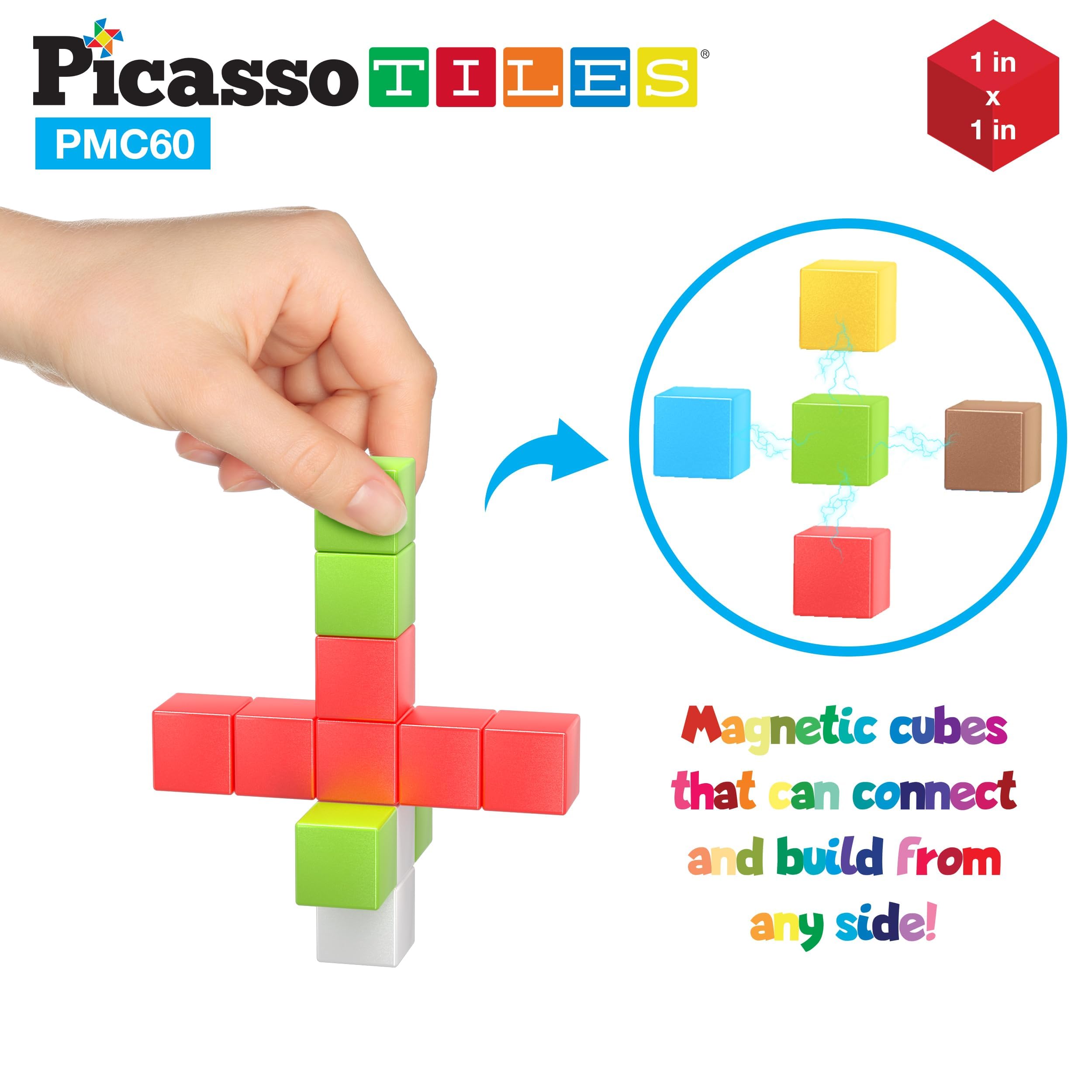 PicassoTiles 60 Pieces 1" Magnetic Building Blocks, 3D Construction Cubes Magnet Sensory Toys Gifts with Free Idea Book for Kids, Toddlers & Babies - PMC60