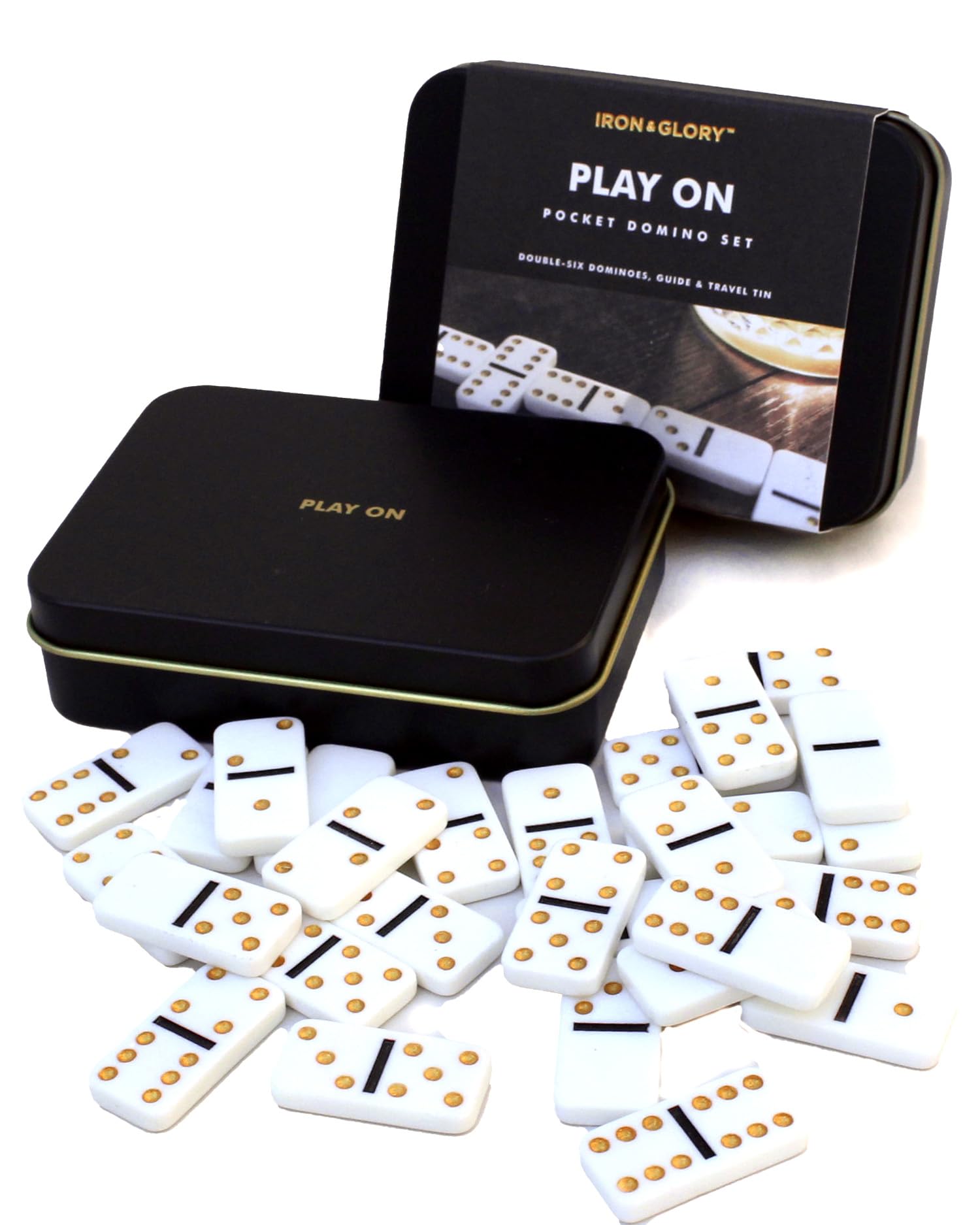 Iron & Glory | Dominoes Set | Travel Games for Adults | Mini Dominoes Set with Metal Tin Case | Family Games for Game Night | 28 Numeral Dominos & Board Game Essentials | Domino Gifts | White