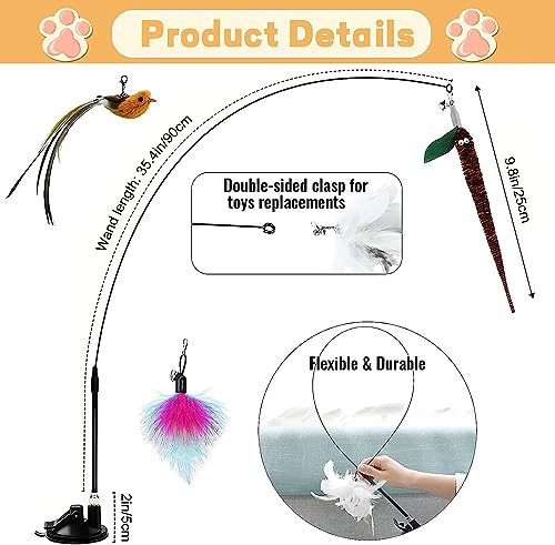 Jetczo Cat Feather Toys, Interactive Cat Wand Toys with Super Suction Cup Detachable 5 PCS Feather Replacements with Bell, 2 Teaser Wand Cat Spring Feather Toys for Indoor Cats Kitten Exercise (Set 3)