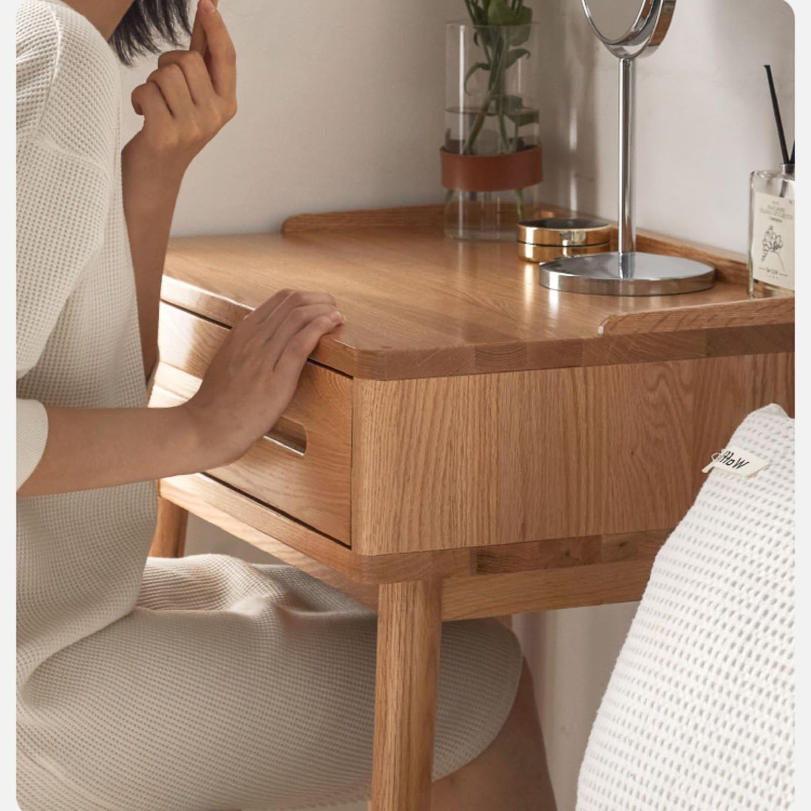 Bamskov Compact Solid Wood Vanity Desk with Drawer Organizer, Rounded Edges, and Easy Assembly for Small Spaces - Makeup Table for Bedroom