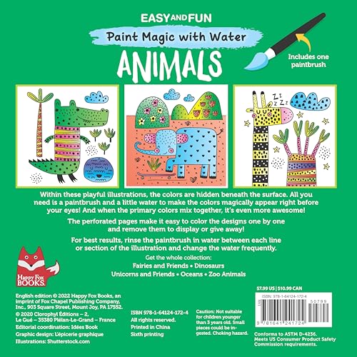 Easy and Fun Paint Magic with Water: Animals (Happy Fox Books) Paintbrush Included - Mess-Free Painting for Kids Ages 4-6 to Create Kangaroos, Elephants, Alligators, Monkeys, and More