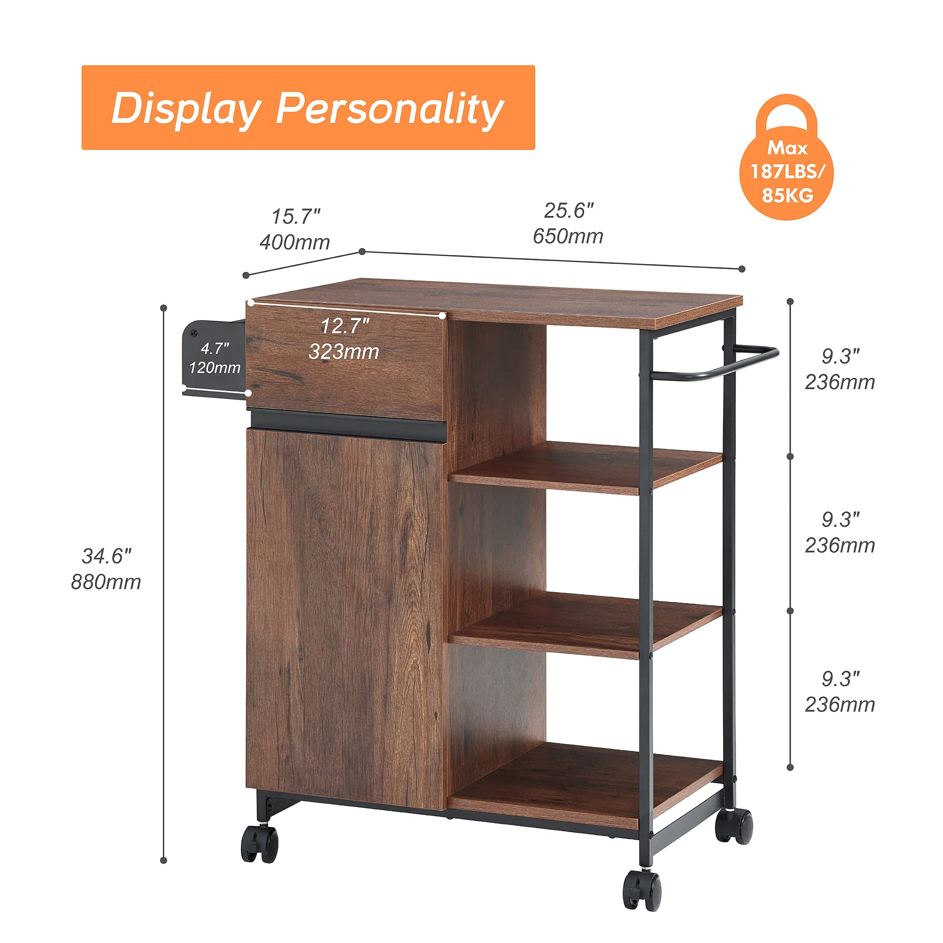 WAMPAT Kitchen Island with Open Shelf,Rolling Cart with Spice and Towel Rack for Small Space