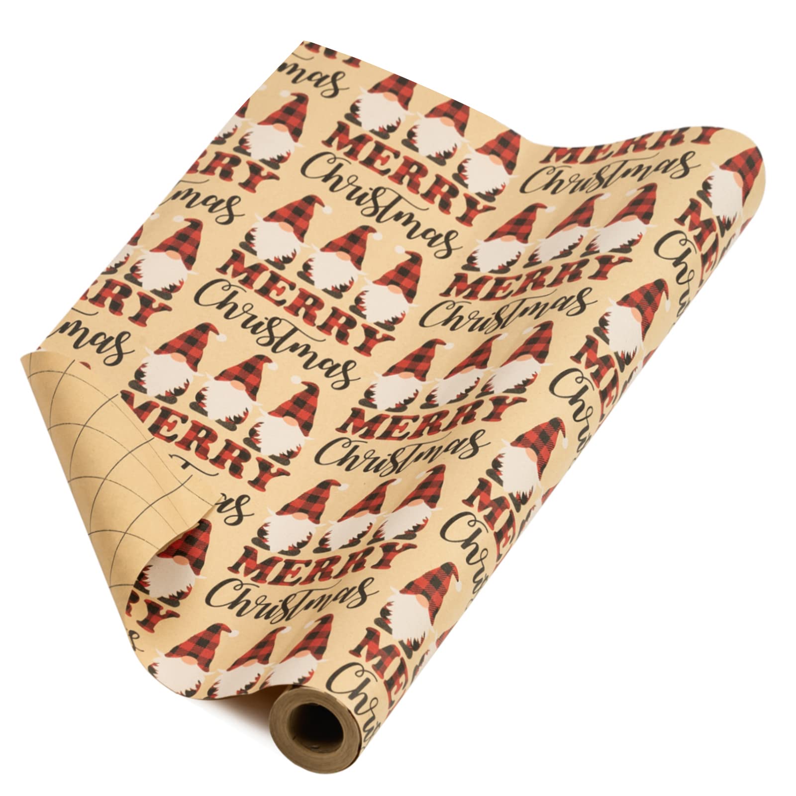 RUSPEPA Kraft Christmas Wrapping Paper Roll - Mini Roll - Red and Black Plaid Gnome Design for Holiday Gift Wrap - 17.5 Inches X 32.8 Feet