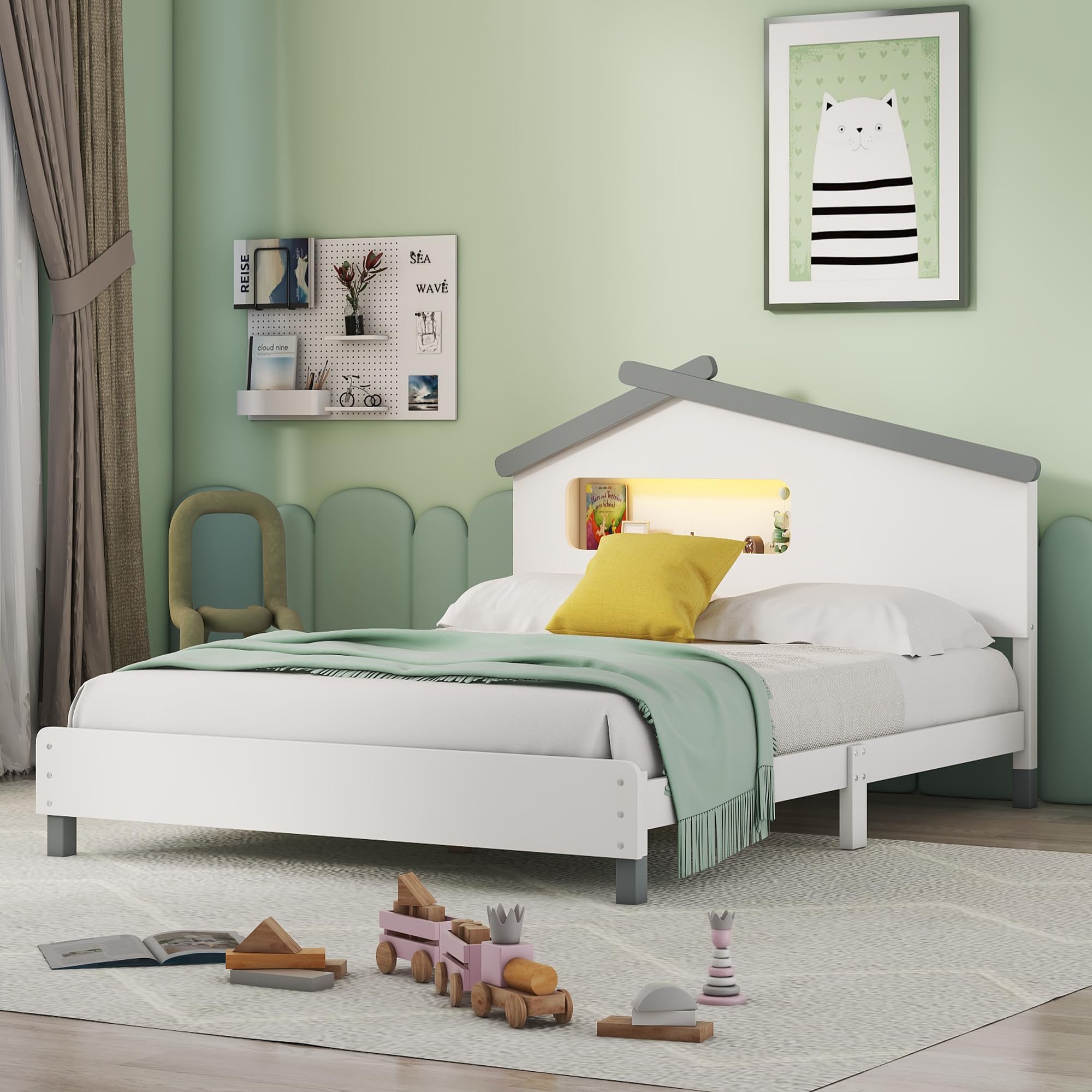Full Size House Platform Bed with LED Lights, Wood Kids Floor Bed Frame with Headboard and Slats Support, No Box Spring Needed, White with Pink