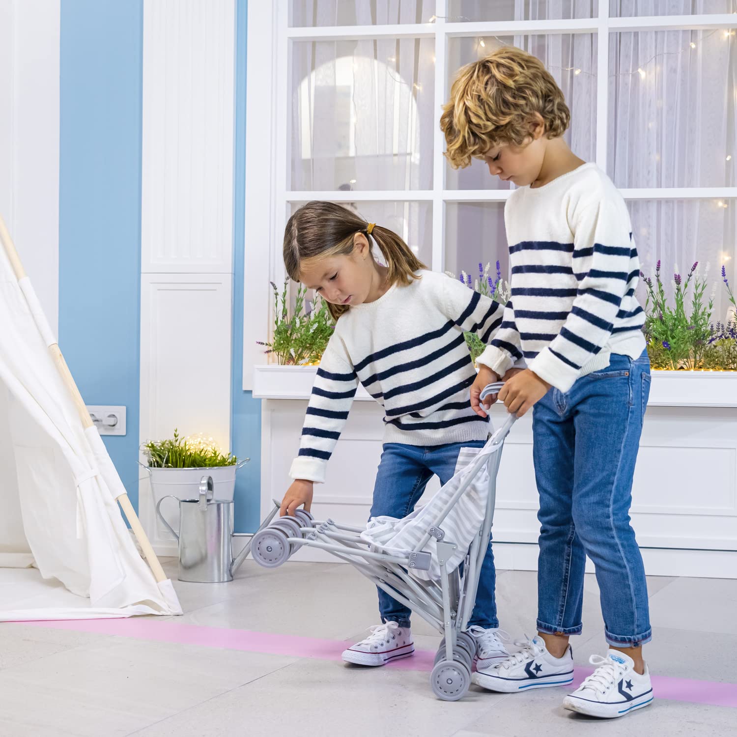 JC Toys Boutique | Folding Umbrella Doll Stroller for Children 2 Years Plus, Blue Stripes and Soft Embroidery | Sturdy Metal Frame | Pretend Play with Dolls up to 18” Long | Seat Belt